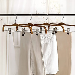TOPIA HANGER Wooden Pants Hangers,Slim Natural Wood Skirt Hangers with Anti-Rust Hook and Adjustable Metal Clips, Perfect for Skirts,Pants,Slacks-10 Pack-CT17A
