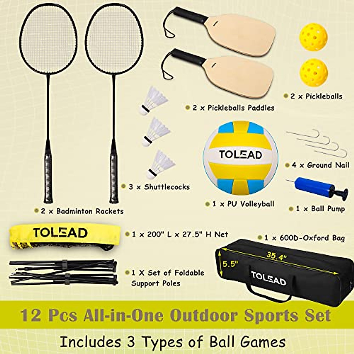 TOLEAD Badminton Pickleball Set with Net, 17ft x 3-5ft Height Adjustable Portable Kids' Volleyball Net for Backyard, Outdoor Sports Set All-in-One w/Volleyball Pickleball Paddles, Badminton Rackets