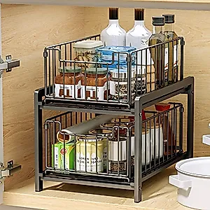 Under Sink Organizer, 2-Tier Cabinet Organizer for Kitchen Bathroom Countertop Organizer with Pull Out Basket Sliding Storage Drawer for Cupboard Cabinet (Black)