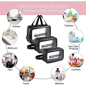weallbuy Clear Travel Toiletry bag, 3 PCS Makeup Cosmetic Bag Transparent Travel Wash Bag for Women and Girls (Black)