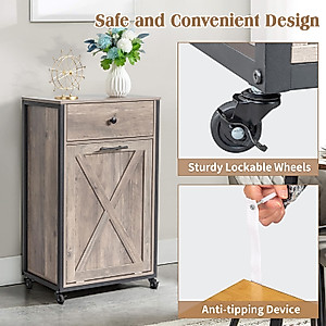Karl home Tilt Out Trash Can Cabinet for Kitchen, Tilt Out Laundry Hamper Cabinet with Drawers and Lockable Wheels, Bathroom Laundry Cabinet with 10 Gallon Dirty Clothes Basket, Grey
