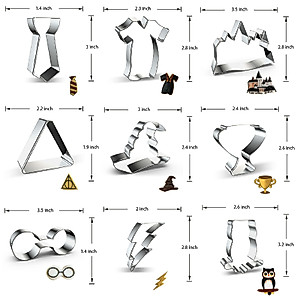 Witchcraft and Wizardry Cookie Cutters Set 9-Piece Halloween Witch and Wizard Cookie Cutter with Witch's Hat, Glasses, Lightning Bolt, Owl, Magic Castle, Triangle, Goblet of Fire Cup, Robe and Tie