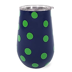 kate spade new york Insulated Stainless Steel Wine Tumbler, 16 Ounce Double Wall Tumbler, Blue Stemless Travel Cup with Lid, Sonnet Dot