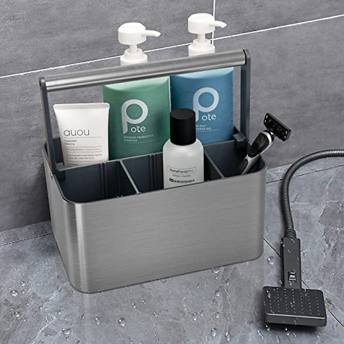 BYUNER Plastic Shower Caddy Basket - Portable Large Bath Storage Organizer Bin Tote with Handle and divider for College Dorm,Cabinet,Bathroom Counter, Brushed Nickel Gray&Pink
