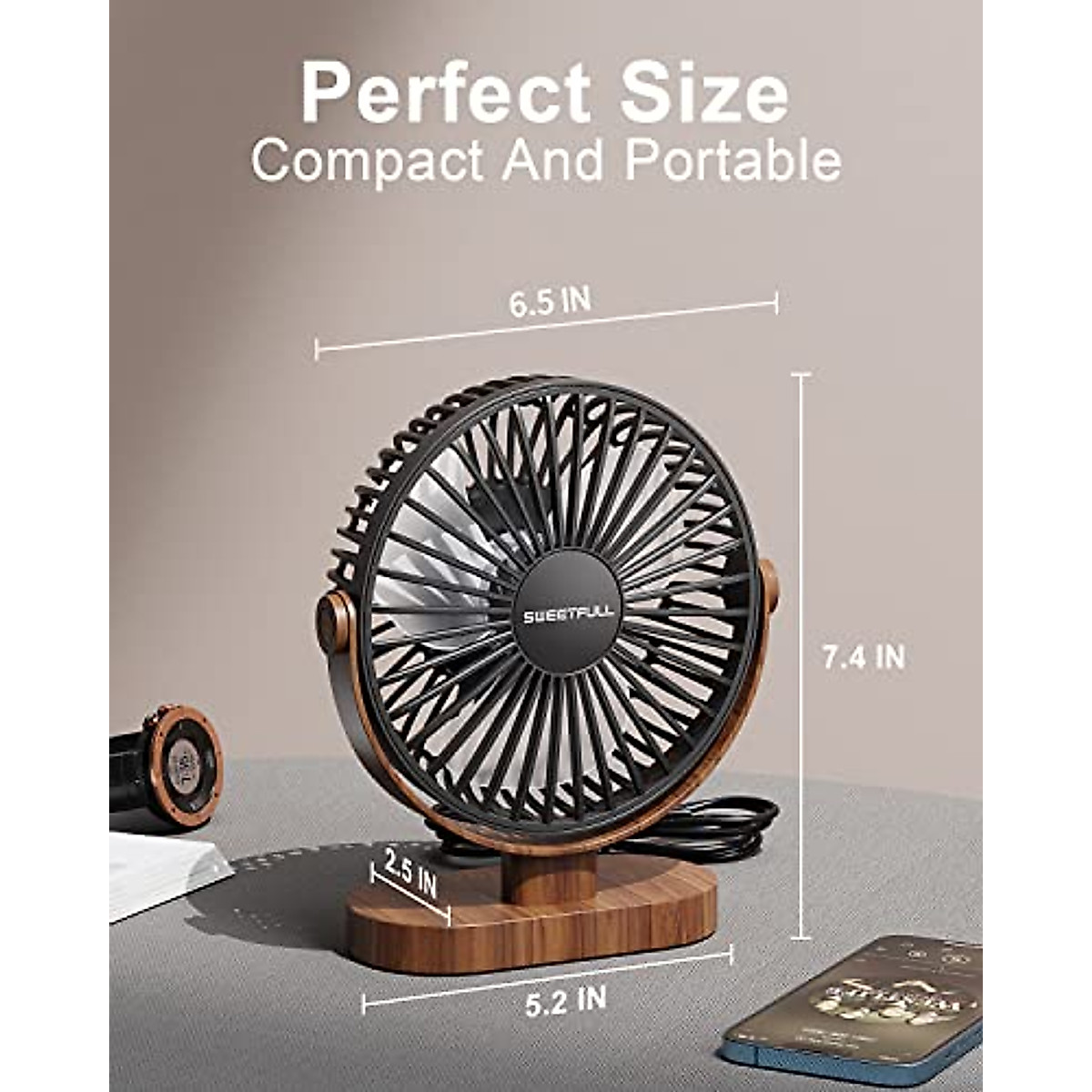 SWEETFULL 6.5 Inch USB Small Desk Fan, 3 Speeds Quiet Portable Desktop Table Fan, 360° Adjustment Personal Mini Fan for Home Office Car Outdoor Travel (Black wood grain)