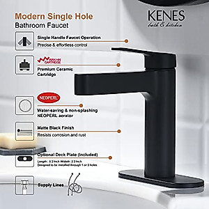 KENES Single Handle Bathroom Faucet, Matte Black Modern Single Hole Bathroom Sink Faucet with Deck Plate, Stainless Steel Lavatory Vanity Faucet Supply Lines Included, KE-9010-2