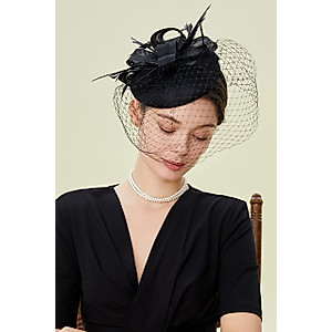 BABEYOND Fascinator Hat Veil Feather Fascinators Hair Clip Tea Party Pillbox Derby Hat Fascinator Bridal Wedding Veil Black