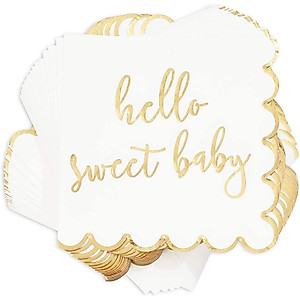 Sparkle and Bash 50 Pack Scalloped Hello Sweet Baby Napkins for Baby Shower Decorations (6.3 In)