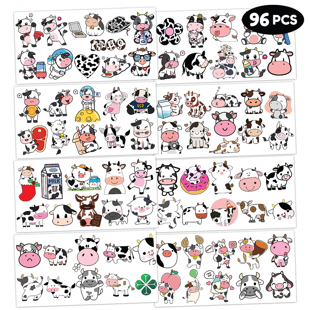 Cow Temporary Tattoos for Kids Birthday Party Decorations Supplies Party Favors Supper Cute 96PCS Cow Tattoo Sticker Style Milk Animal Farm Gift Ideals for Boys Girls Schools Prizes Themed