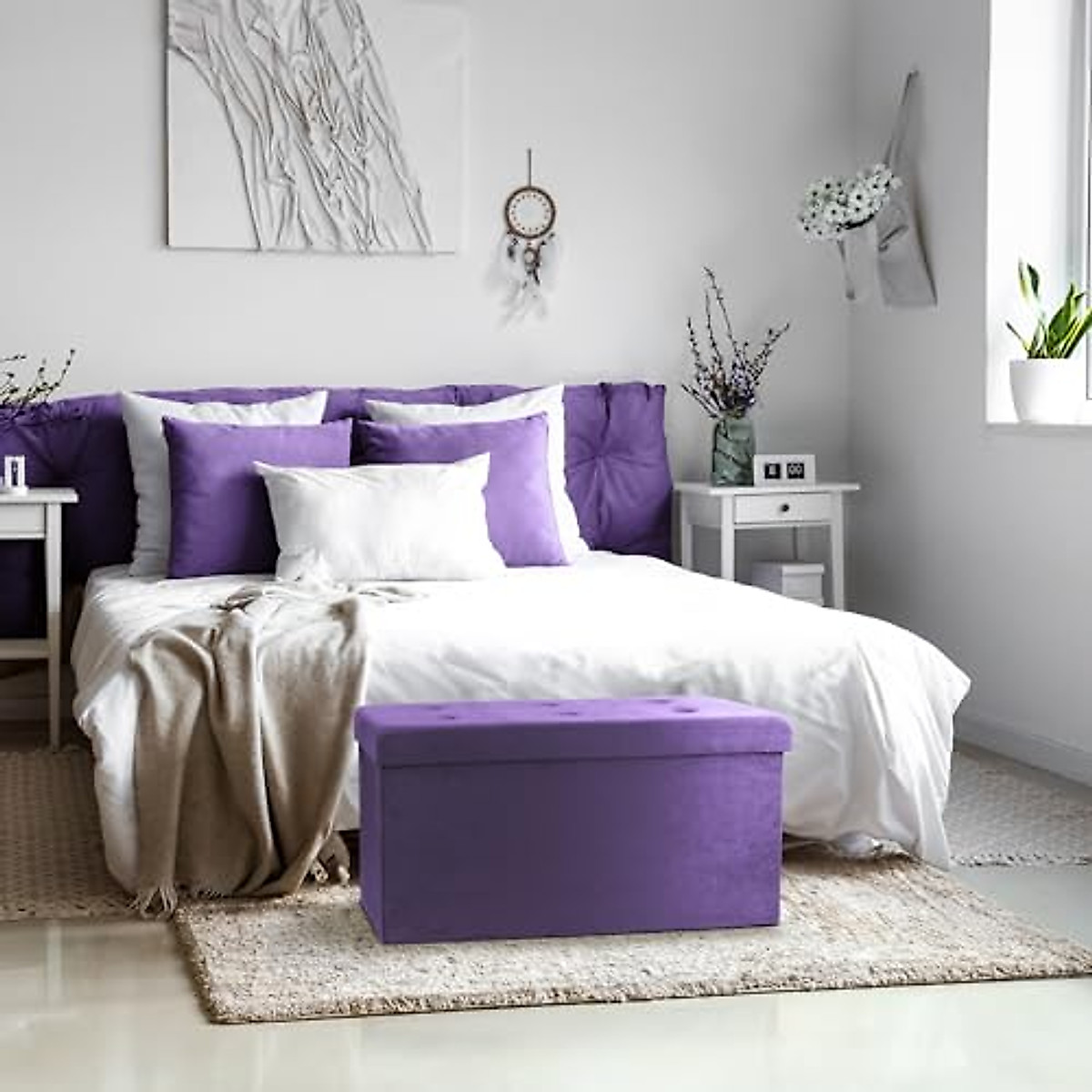 Sorbus Storage Ottoman Bench – Collapsible/Folding Bench Chest with Cover – Perfect Toy and Shoe Chest, Hope Chest, Pouffe Ottoman, Seat, Foot Rest, – Contemporary Faux Suede (Purple)