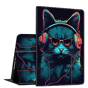 Case for Galaxy Tab S7 FE 5G/S8 Plus/S7 Plus 12.4" Tablet PU Leather Slim Lightweight Cover with Auto Wake/Sleep Protective Case for Samsung Tab S7 FE 2021/S8+ 2022/S7+ 2020,Cat with Headphones Music