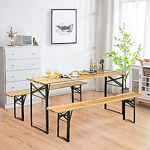 Goplus Foldable Picnic Table with Benches, 3-Piece 70” Portable Beer Garden Table with Sturdy Steel Frame, Folding Wooden Picnic Tables for Outdoors, Patio, Backyard