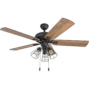 Prominence Home Lincoln Woods, 52 Inch Industrial Style LED Ceiling Fan with Light, Pull Chain, Three Mounting Options, 5 Dual Finish Blades, Reversible Motor - 50581-01 (Bronze)