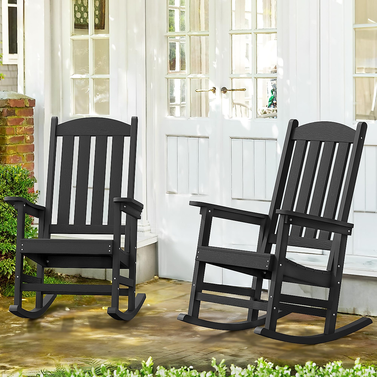 LUE BONA Outdoor Rocking Chairs Set of 2, HDPS Poly Rocking Chair, All Weather Resistant Plastic Outdoor Indoor Porch Rocker, Heavy Duty Rocking Chair for Patio, Lawn, Garden, 300LBS, Black