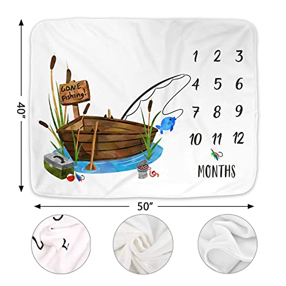 Popfavors Fishing Baby Monthly Milestone Blanket, Gone Fishing Baby Boy Growth Chart Milestone Photo Blanket, Fishing Boat Newborn, Includes Marker (50x40)