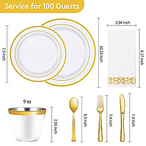 Goodluck 700 Piece Gold Dinnerware Set for 100 Guests, Disposable for Party, Include: 100 Gold Rim Dinner Plates, 100 Dessert Plates, 100 Paper Napkins, 100 Cups, 100 Gold Plastic Silverware Set