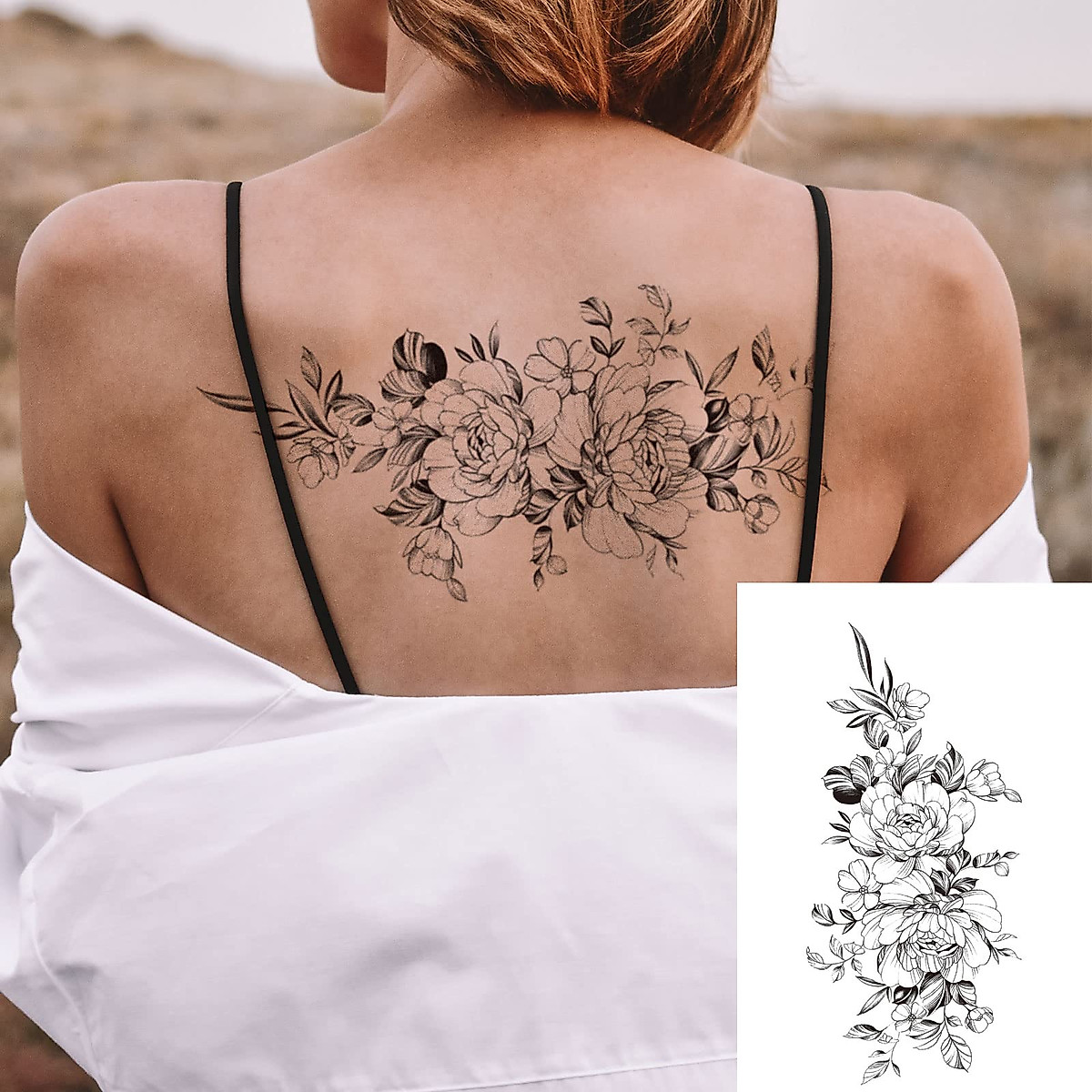 32pcs Black Rose Flower Temporary Tattoo Sticker For Women,Multiple Floral Pattern Designs(7.5X3.8 inch)