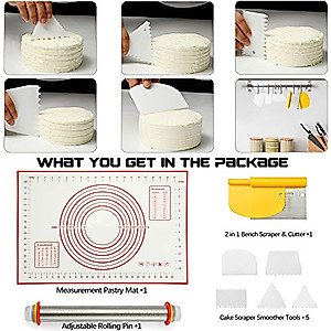 Rolling Pin with Adjustable Thickness Rings Stainless Steel 17.5" Dough Roller, 24"x16" Nonstick Silicone Pastry Mat Bench Dough Scraper Pizza Cutter Cake Smoothers Set for Baking Cookie Fondant Pie