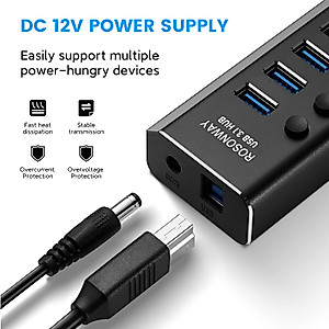 Powered USB Hub Rosonway Aluminum 13 Port USB 3.1/3.2 Gen 2 Hub 10Gbps with 72W (12V/6A) Power Adapter and Individual Switches, Type A and Type C Cables, USB C Hub Expander for PC and Laptop, RSH-A13
