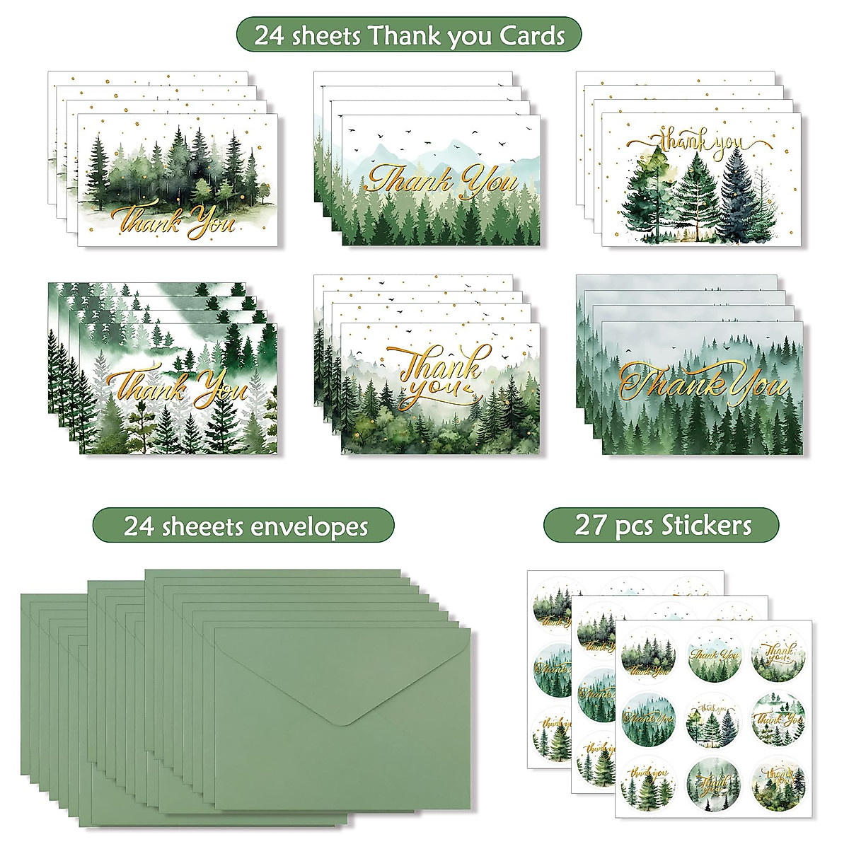 Konsait 24 Sheets Green Forest Thank You Cards with Envelopes, 6 Designs Watercolor Cards Pines Woodland Thank You Cards 4 x 6 in Thank You Cards Thank You Notes for Bridal Shower Wedding Baby Shower