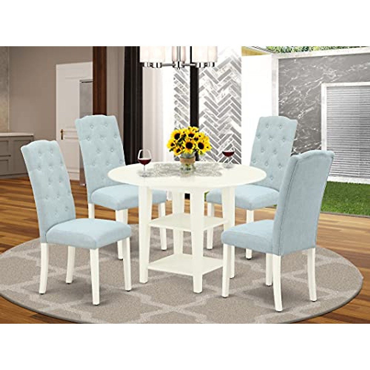 East West Furniture SUCE5-LWH-15 5Pc Set Includes a Round Dining Table with Drop Leaves and Four Parson Chairs with Baby Blue Fabric, Linen (White) Finish