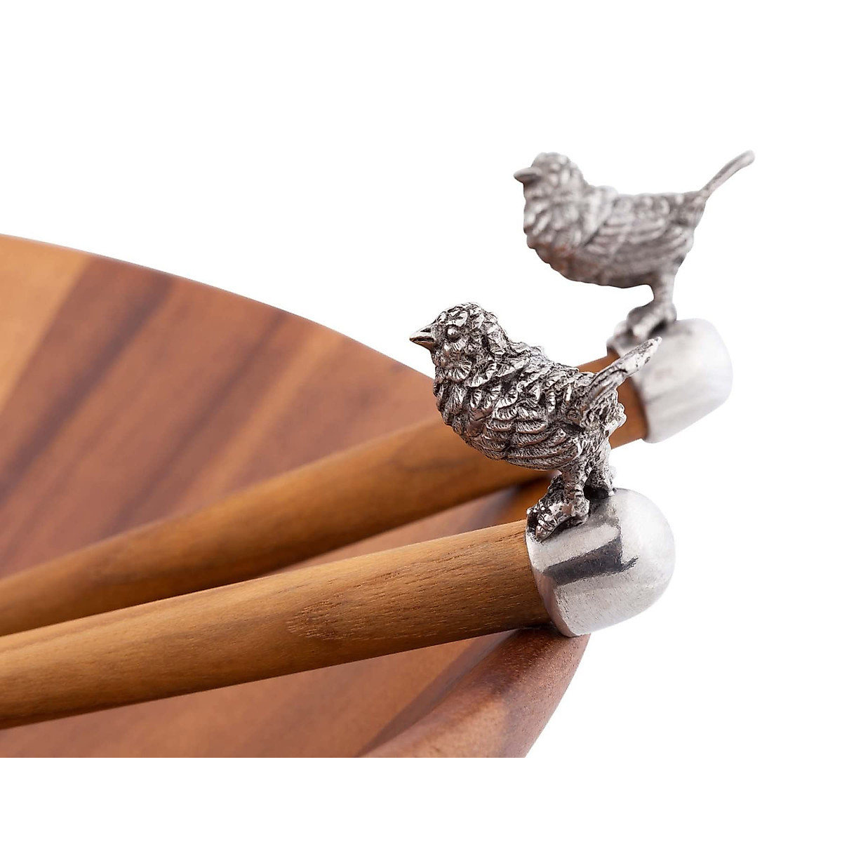 Vagabond House Acacia Wood Salad Bowl With Teak Salad Servers with Metal Song Bird Ends - Spring Servers and Bowl Set 16 inch Diameter x 5 inch Tall