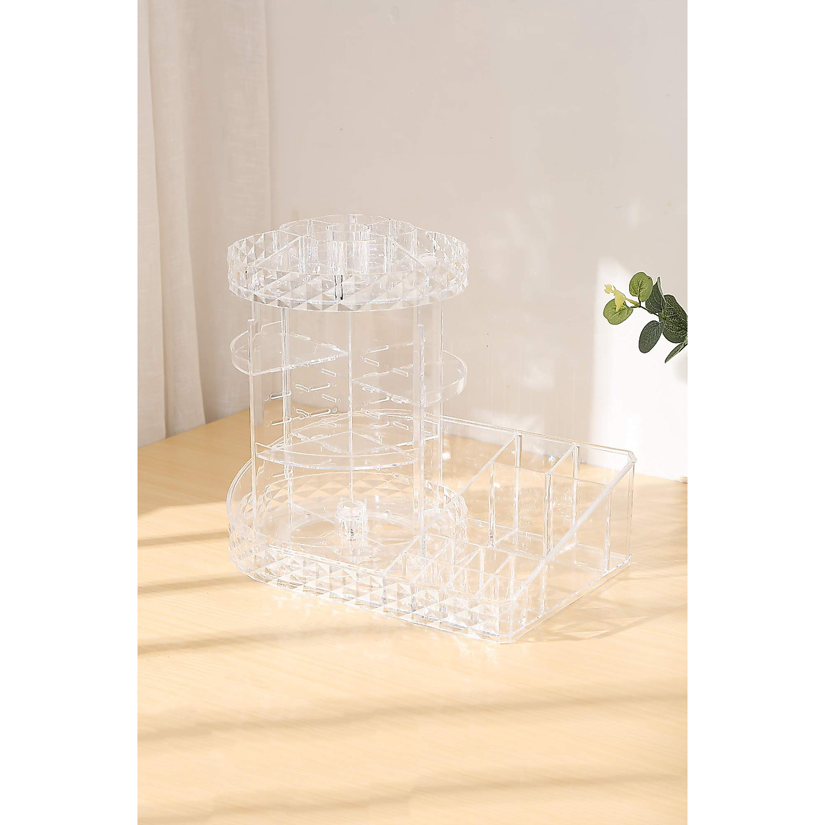 MOOCHI Clear L-Shape Bottom Makeup Organizer 360 Degree Rotating Multi-Function Acrylic Diamond Pattern Cosmetic Storage Display Case For Brushes Lipsticks Jewelry