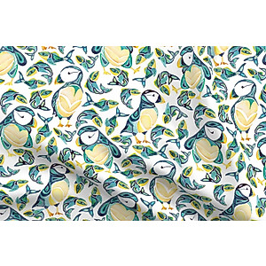 Spoonflower Fabric - Puffin Party Geometric Fish Boy Wildlife Puffins Art Tattoo Printed on Petal Signature Cotton Fabric Fat Quarter - Sewing Quilting Apparel Crafts Decor