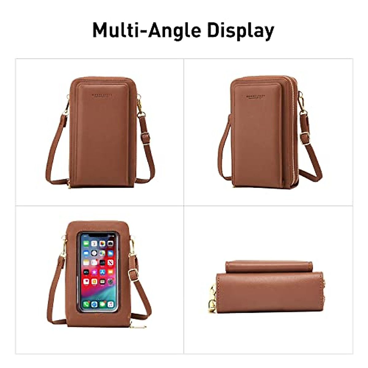 Cell Phone Crossbody Bag for Women Wallet Purse,PU Leather Touch Screen Mini Messenger Wallet with Credit Card Slots-Brown