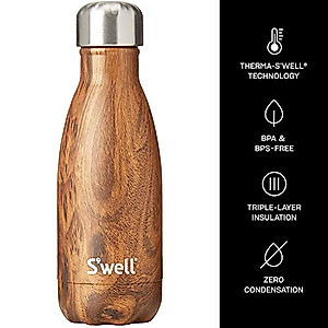 S'well Stainless Steel Water Bottle-9 Fl Oz-Teakwood-Triple-Layered Vacuum-Insulated Containers Keeps Drinks Cold for 24 Hours and Hot for 12-BPA-Free-Perfect for The Go