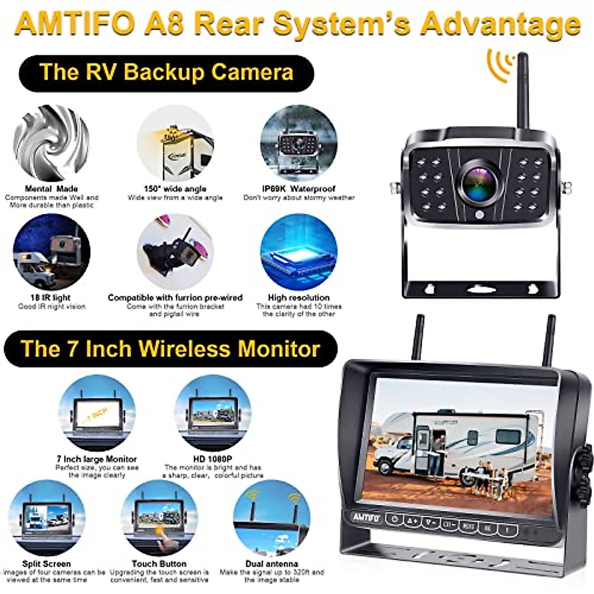AMTIFO RV Backup Camera Wireless HD 1080P 7'' Split Screen DVR Monitor Bluetooth Trailer Rear View Cam 4 Channel System Truck Camper Infrared Night Vision Adapter for Furrion Pre-Wired RVs A8