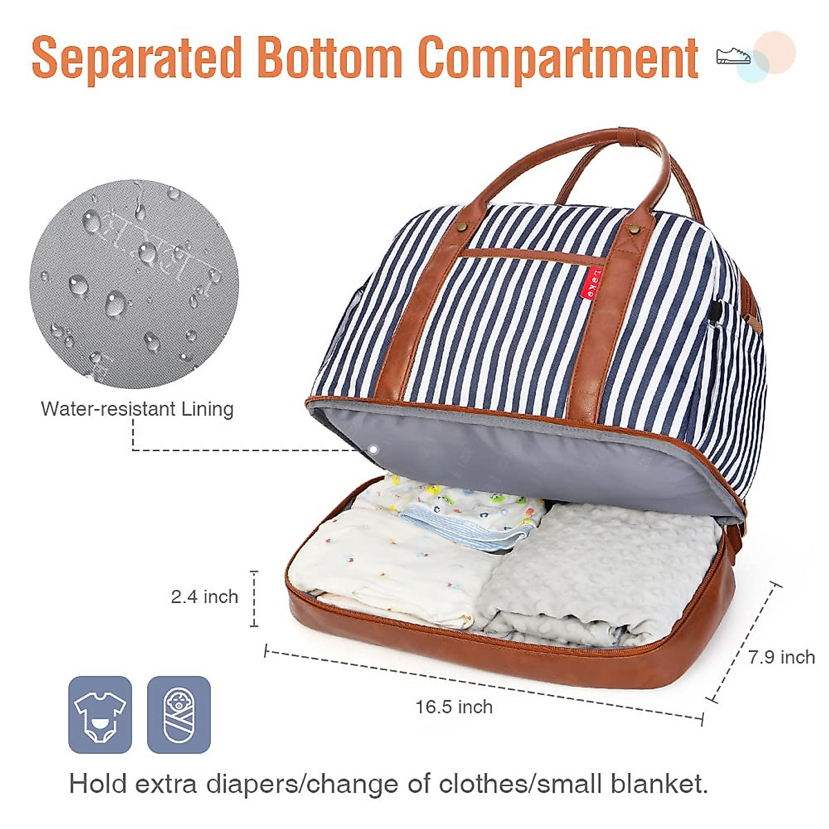Lekebaby Baby Diaper Bag for Travel Maternity Bag Diaper Tote Hospital Bag, Newborn Registry Baby Shower Gifts,Blue Striped