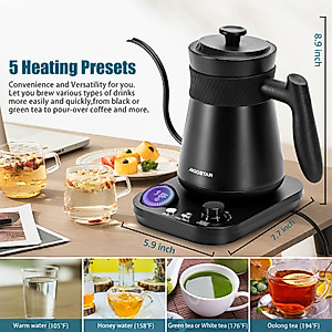 Aigostar Electric Gooseneck Kettle Temperature Control, 1200W Quick Heating Pour Over Kettle and Tea Kettle for Coffee Tea, 5 Variable Presets, Keep Warm & Stopwatch, Stainless Steel Inner, 0.8L