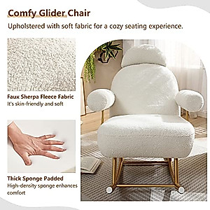 Tmsan Modern Rocking Chair, Upholstered Nursery Glider Rocker, Accent Chairs for Living Room, Comfy Sherpa Fabric Armchair with Adjustable Headrest, White