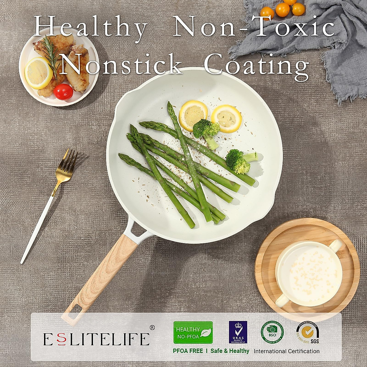 ESLITE LIFE Nonstick Frying Pan Skillet with Lid, Healthy Granite Coating Egg Omelette Pan Stone Cookware Chef's Pan, PFOA Free(Cream, 8" w/Lid & Spatulas)