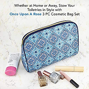 Once Upon a Rose 3 Pc Cosmetic Bag Set, Purse Size Makeup Bag for Women, Toiletry Travel Bag, Makeup Organizer, Cosmetic Bag for Girls Zippered Pouch Set, Large, Medium, Small (Navy & Blue)