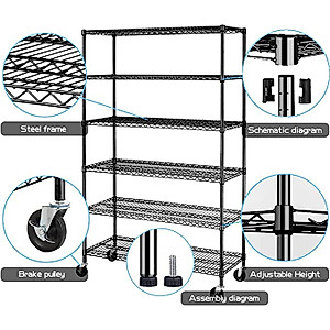 HCB 6-Tier Storage Shelf Heavy Duty Wire Shelving Unit 76"x48"x18" Height Adjustable Metal Steel Wire with Casters for Restaurant Garage Pantry Kitchen Rack (Black)