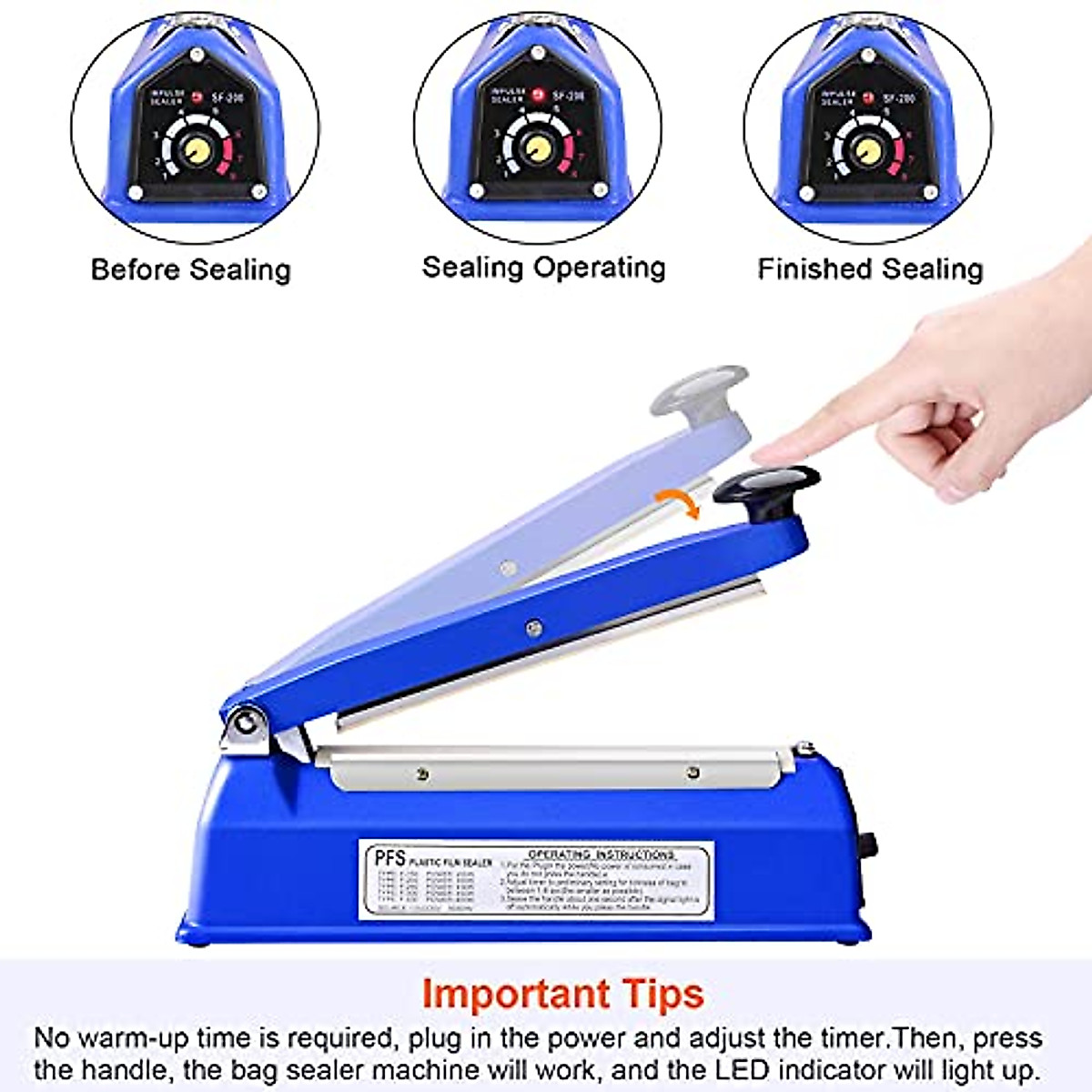 Suteck 8 inch Impulse Bag Sealer, Manual Poly Bag Sealing Machine w/Adjustable Timer Electric Heat Seal Closer with 50Pcs 4X6 Inch Shrink Wrap Bag and 2 Free Replacement Kit (Sapphire)