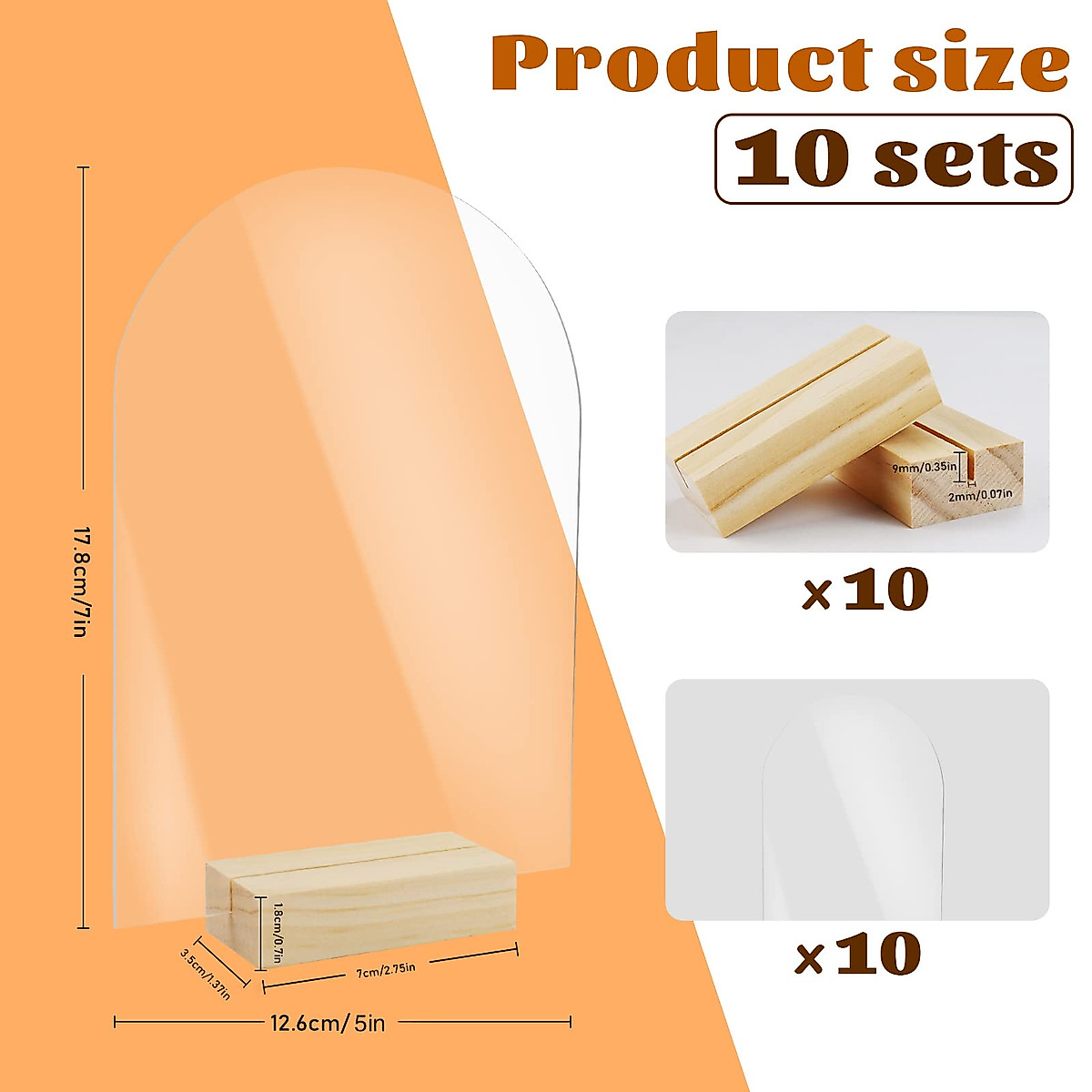 Bercoor 10 Pack 5x7 Inch Blank Clear Arch Acrylic Sign with Wooden Stands, Arched Round Top Acrylic Sheet, DIY Acrylic Arch Table Numbers for DIY Name Card Gifts Event Party Sign Decoration