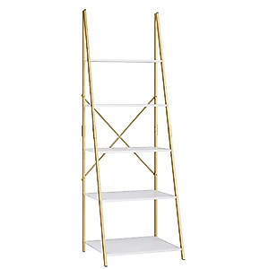 finetones 5-Tier Ladder Shelf, Free Standing A-Shape Display Bookcase, Storage Organizer Unit with Metal Frame, Flower Stand Plant Rack for Living Room, Kitchen, Bathroom, Home Office, White/Gold