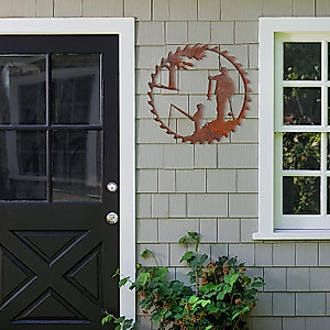 JINDENG Father's Day Unique Gift Metal Art Fishing Wall Decor, 3D Metal Wall Art Rusty Father and Son Daughter Fishing Round Hanging Decor Crafts - Home Garden Decoration (C)