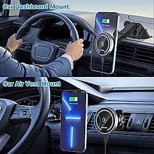 Magnetic Wireless Car Charger for Magsafe Mount iPhone 14 13 12 Pro Max Fast Charging Car Air Vent Strong Suction Cup Dashboard/Windshield Auto-Alignment Strong Magnets Phone Holder (Aluminum Shell )