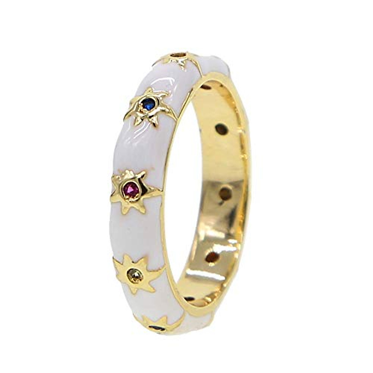 ATJMLADYJEWELRY Gold Plated Rainbow Star White Enamel Stack Stacking Engagement Band Ring for Women (8)