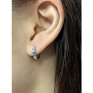 Double Love Heart Cubic Zirconia Sleeper Small Hoop Earrings for Women Teen Girls S925 Sterling Silver Cartilage Tiny Cute Huggie Hoops Hypoallergenic for Sensitive Ear Baby-Blue CZ