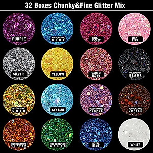 Festival Chunky and Fine Glitter Mix, Teenitor 32 Colors Chunky Sequins & Fine Glitter Powder Mix, Iridescent Glitter Flakes, Cosmetic Face Body Eye Hair Nail Art Resin Tumbler Glitter Loose Glitter