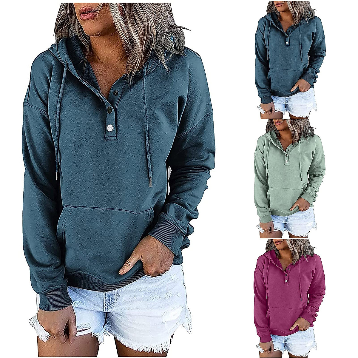 Dressy Casual Hoodies For Women Long Sleeve Pullover Tops Drawstring Hooded Sweatshirts Fall Fashion Outfits 2024 Navy M