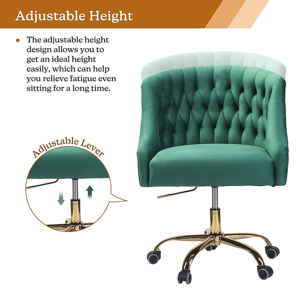 Velvet Home Office Chair with Gold Base, Comfortable Modern Cute Desk Chair, Adjustable Swivel Task Chair for Living Room Bedroom Vanity Study, Green