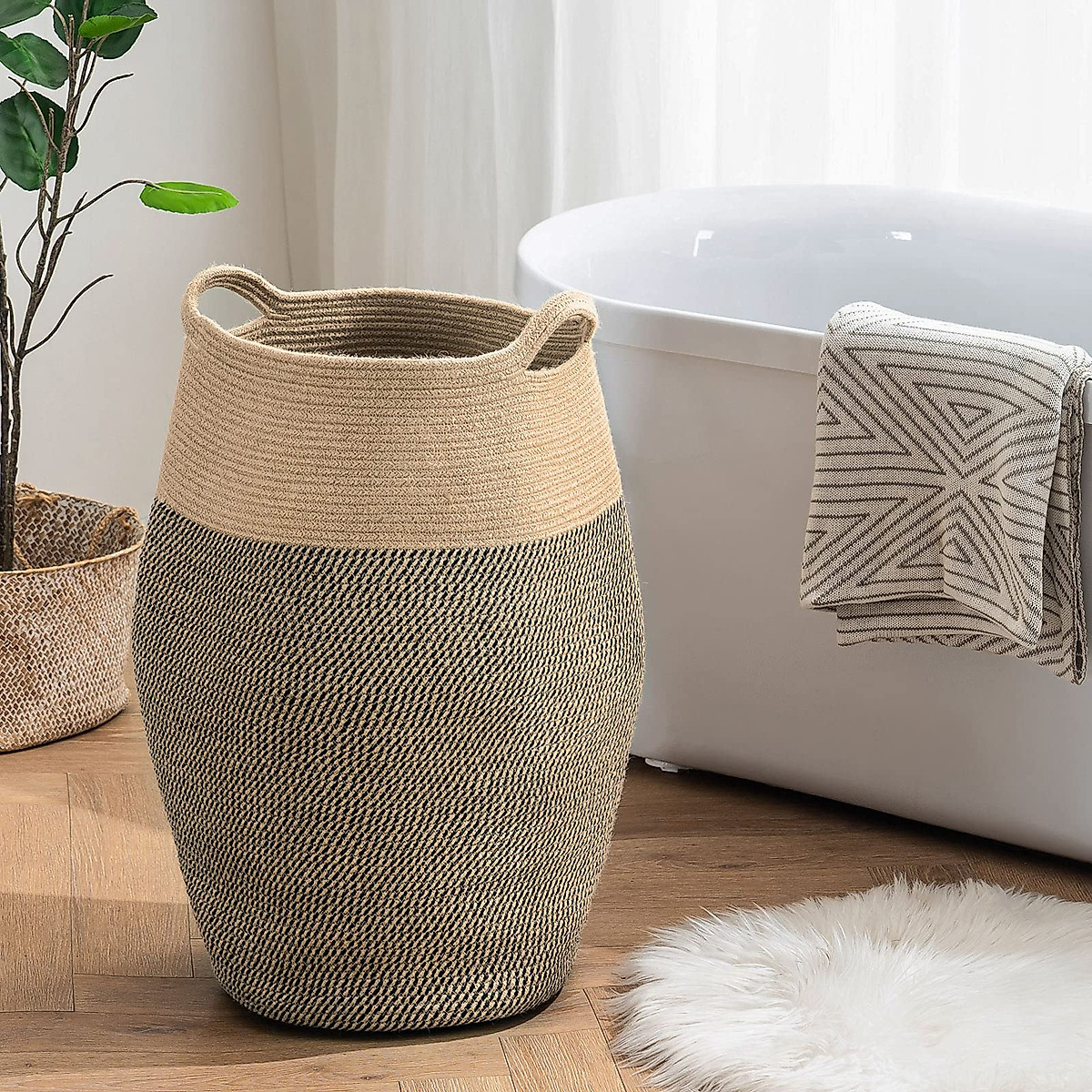 Cotton Rope Laundry Hamper by YOUDENOVA, 105L - Woven Collapsible Laundry Basket - Clothes Storage Basket for Blankets, Laundry Room Organizing, Bedroom Storage, Clothes Hamper – Dark Brown