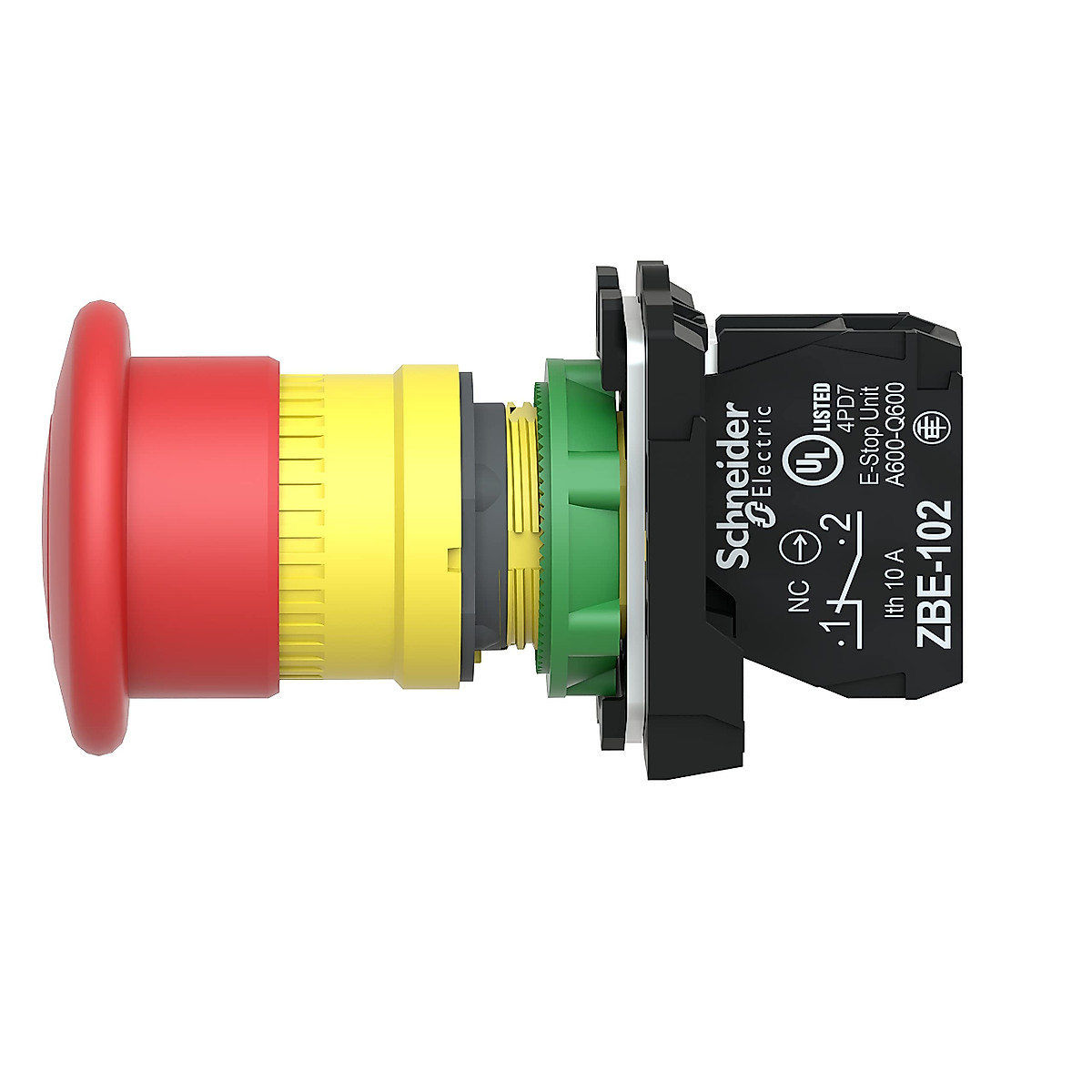 Schneider Electric XB5AT842 Emergency Stop Push Button Switch for Industrial Machinery, Plastic Bezel, Fits 22mm Diameter Cutouts, Trigger Latching Push-Pull, 1NC, 40mm Red Mushroom