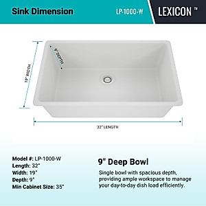 32" x 19" Quartz Kitchen Sink, Single Bowl Kitchen Sinks, Drop in Kitchen Sink, Granite Composite Kitchen Sink, Undermount Sink, Galaxy White Kitchen Sink, Includes Grid, Strainer, Flange LP-1000-W